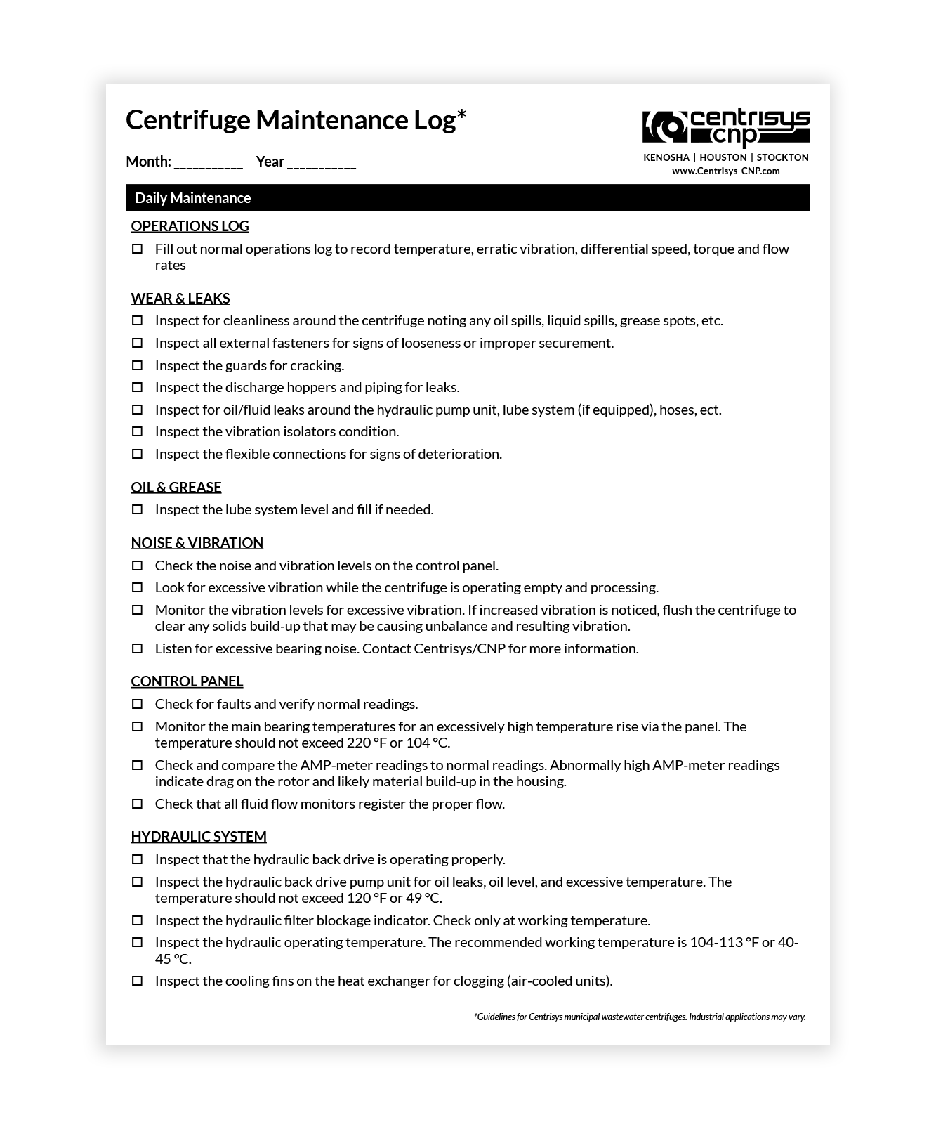 Dewatering Decanter Centrifuge Maintenance Log | Centrisys/CNP